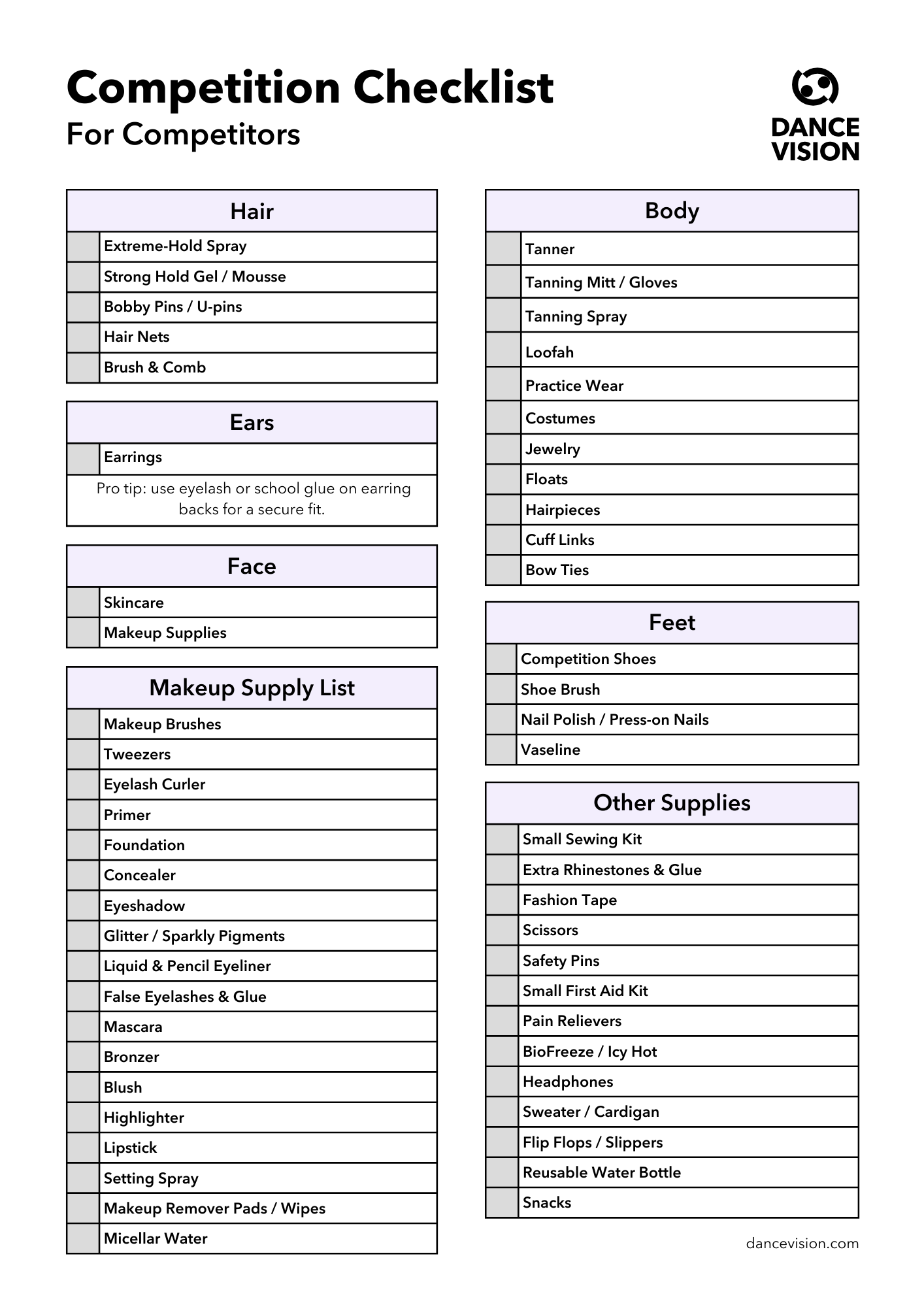 Competition Checklist for Competitors